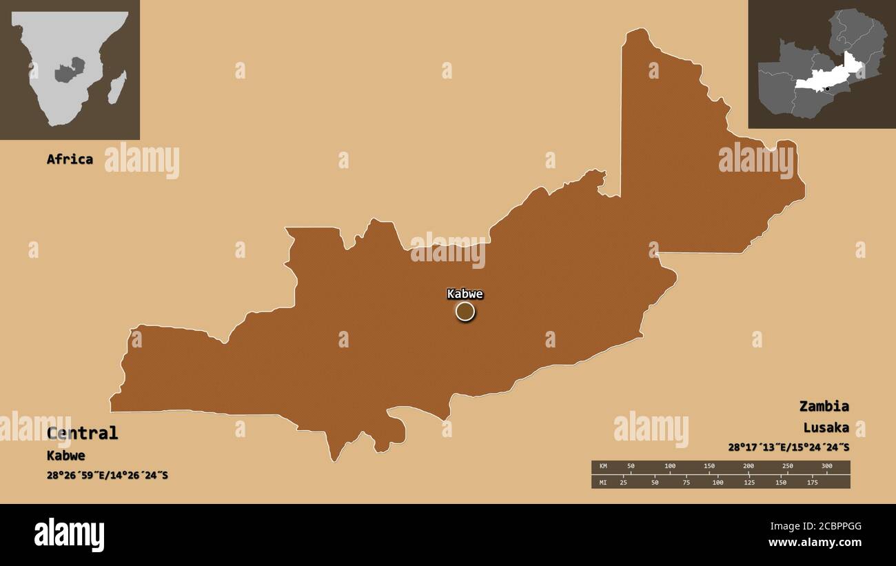 Shape of Central, province of Zambia, and its capital. Distance scale ...