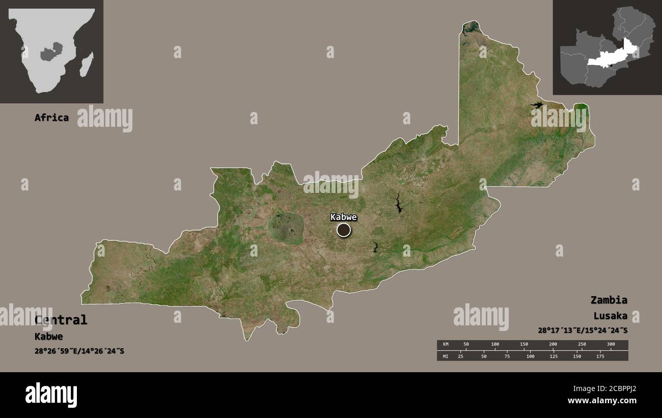 Shape of Central, province of Zambia, and its capital. Distance scale ...