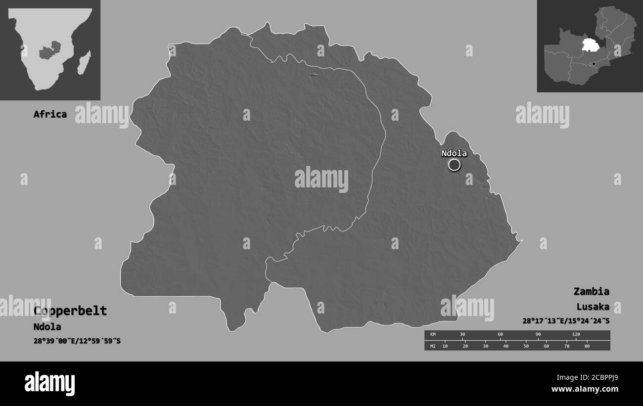 Shape of Copperbelt, province of Zambia, and its capital. Distance ...
