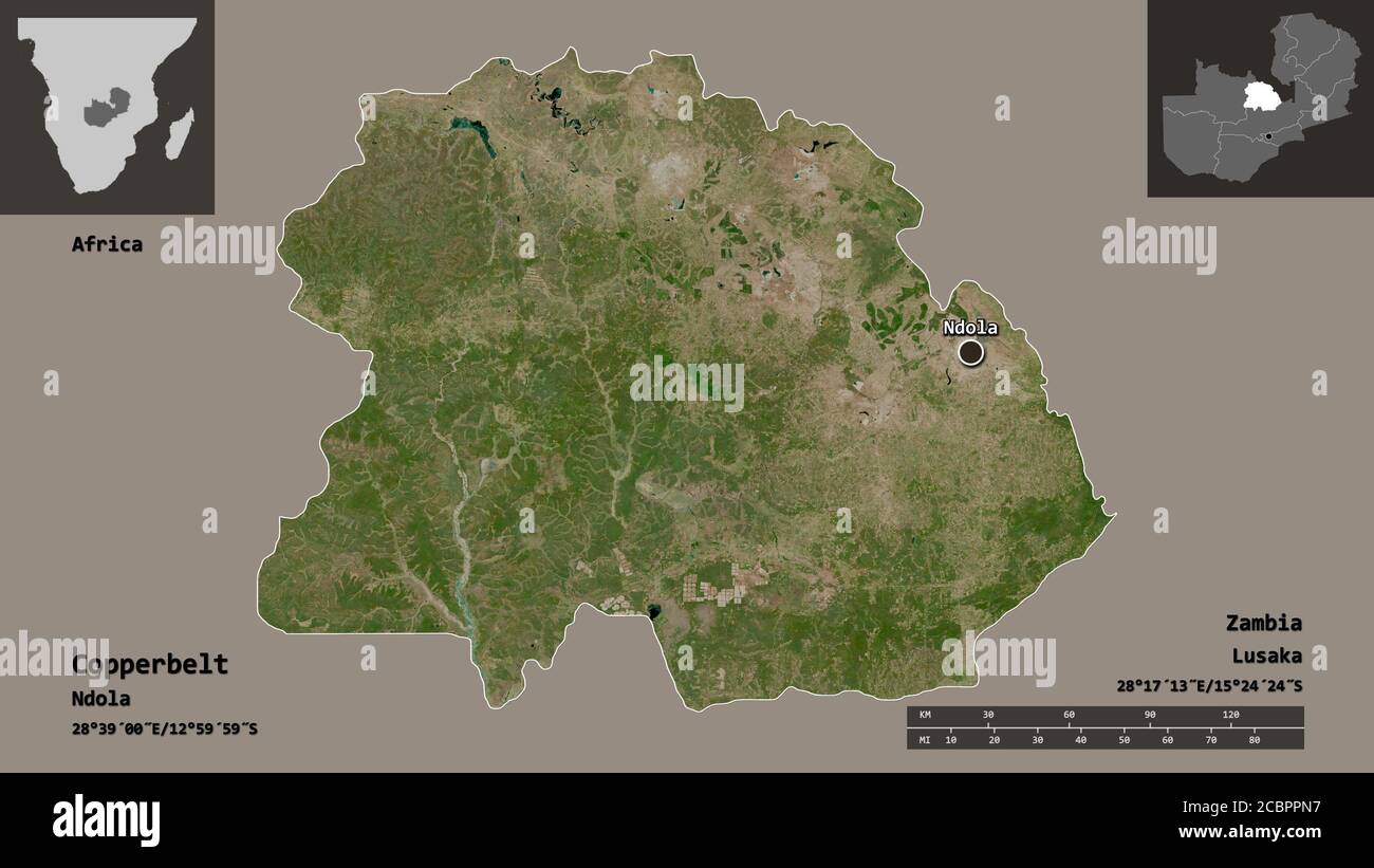 Shape of Copperbelt, province of Zambia, and its capital. Distance ...