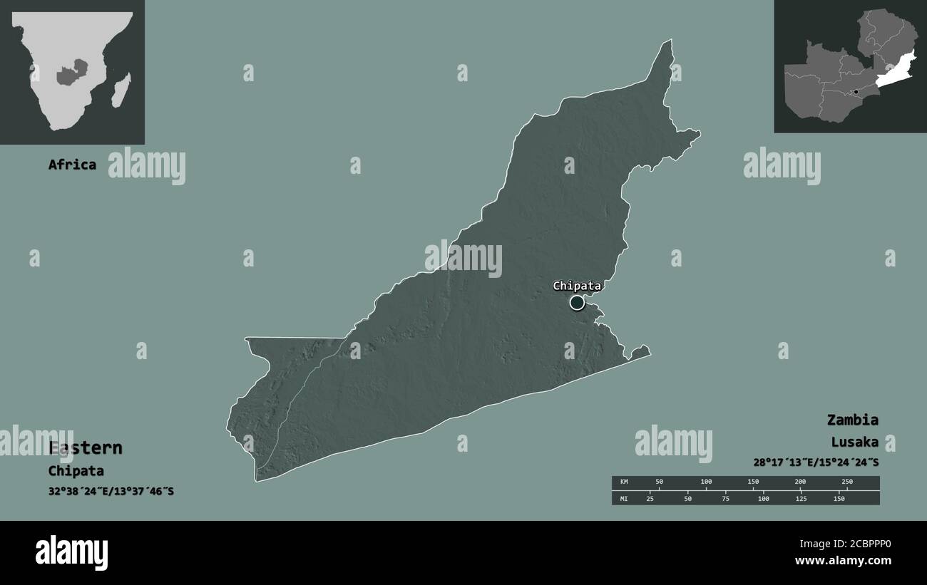 Shape of Eastern, province of Zambia, and its capital. Distance scale ...