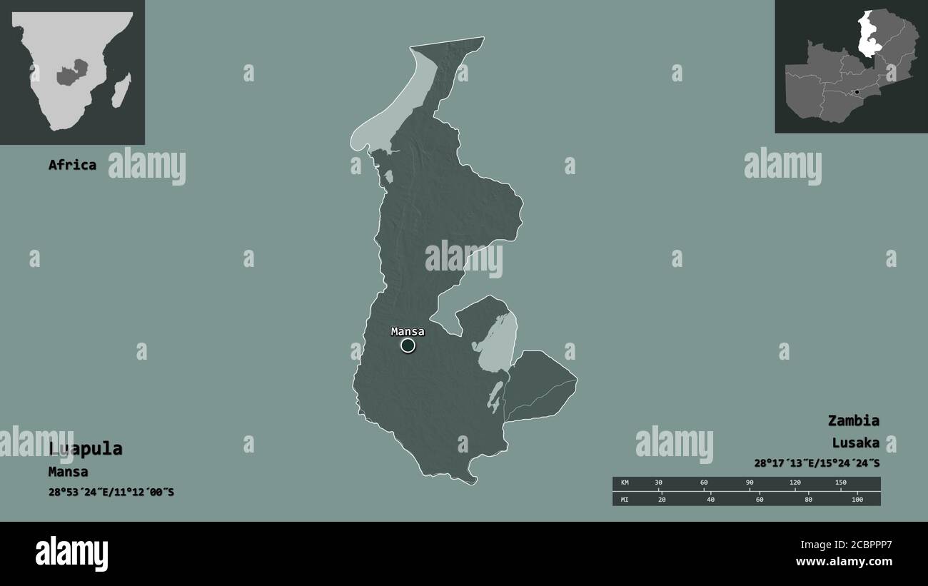 Shape of Luapula, province of Zambia, and its capital. Distance scale ...