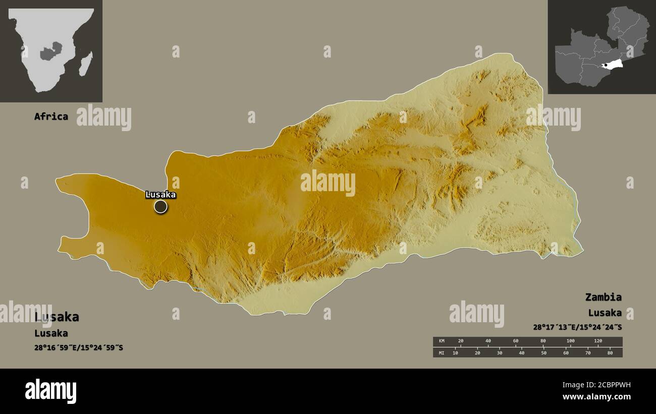 Shape of Lusaka, province of Zambia, and its capital. Distance scale ...