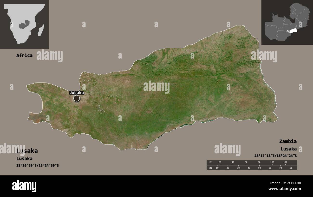 Shape of Lusaka, province of Zambia, and its capital. Distance scale ...