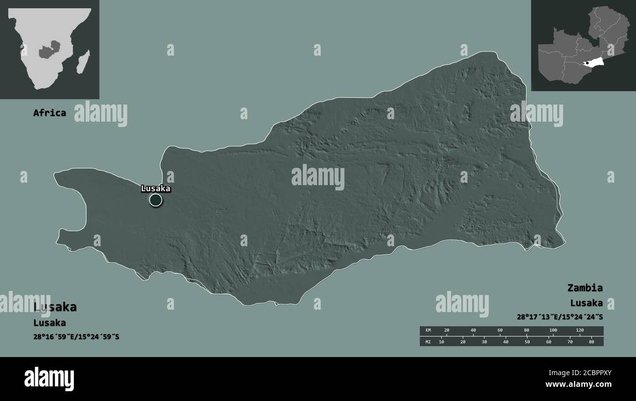 Shape of Lusaka, province of Zambia, and its capital. Distance scale ...