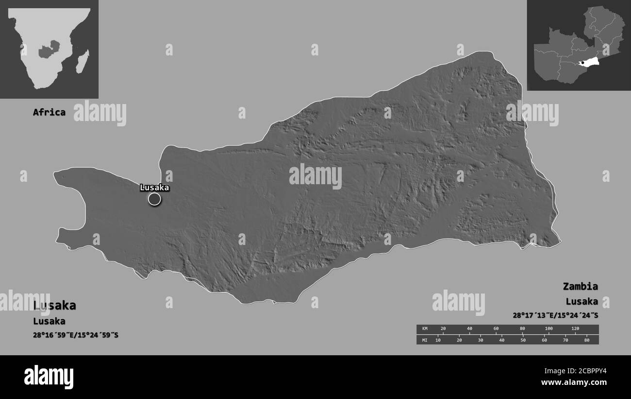 Shape of Lusaka, province of Zambia, and its capital. Distance scale ...