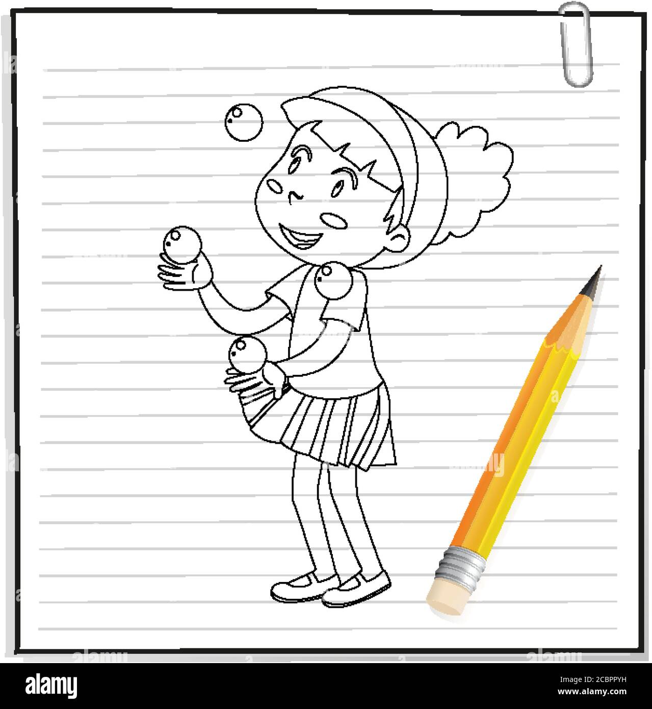 Hand writing of girl playing with many balls outline illustration Stock ...