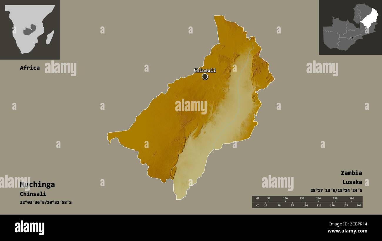 Shape of Muchinga, province of Zambia, and its capital. Distance scale ...
