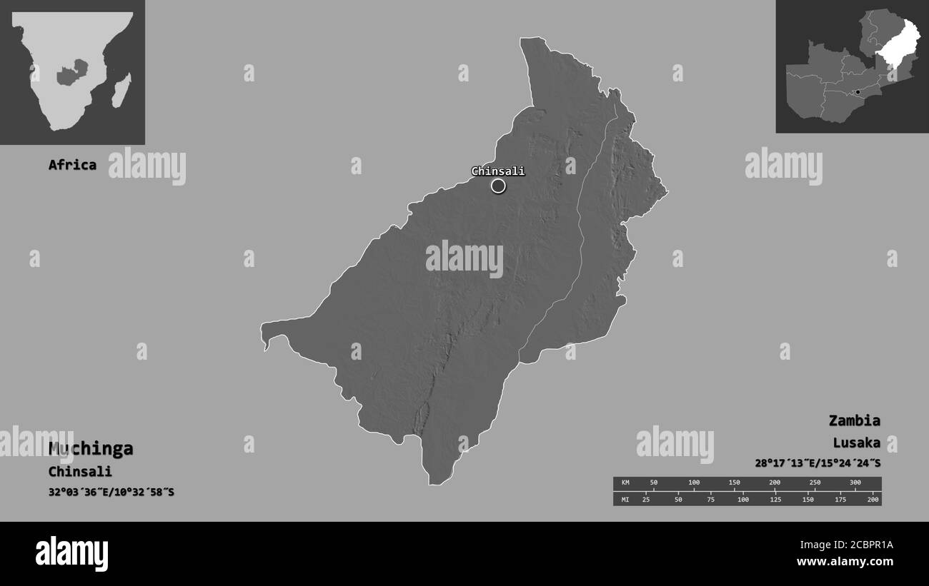 Shape of Muchinga, province of Zambia, and its capital. Distance scale ...