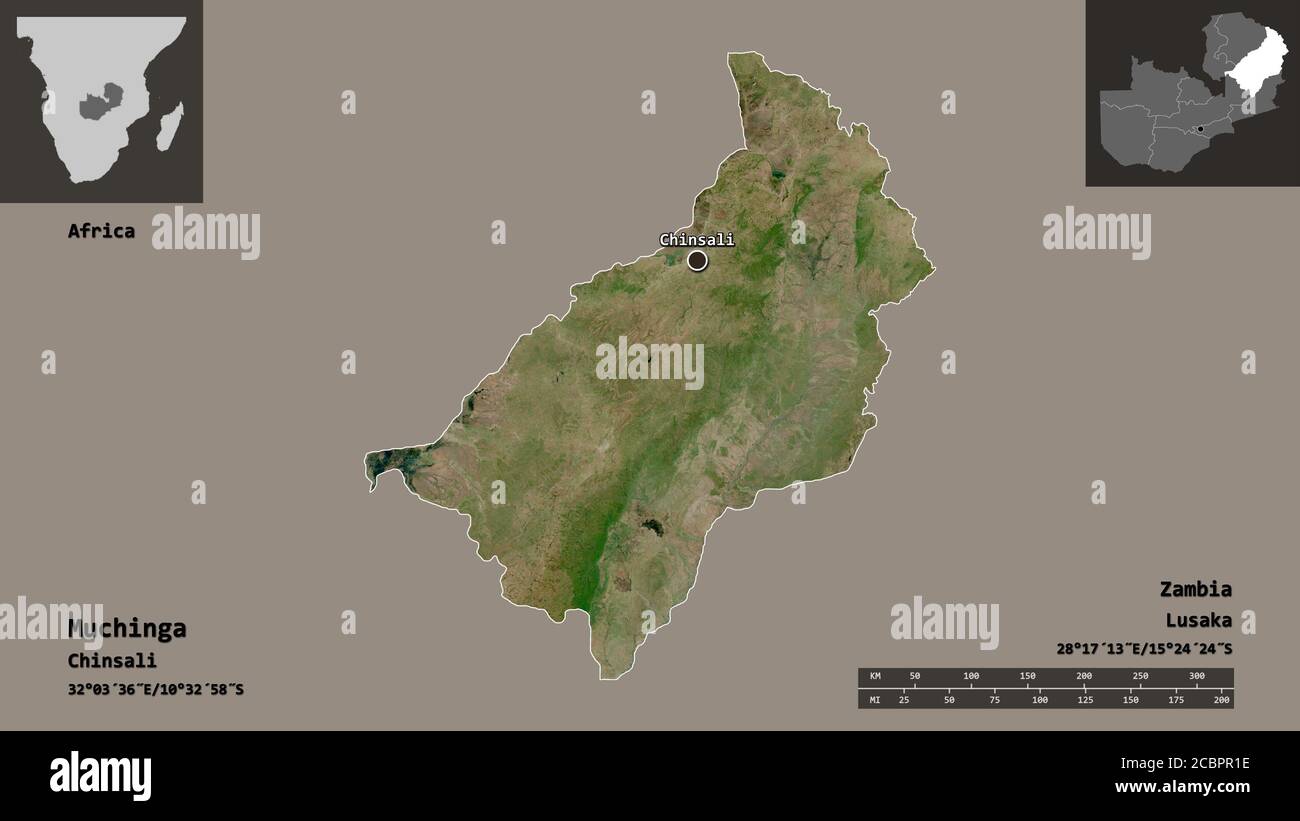 Shape of Muchinga, province of Zambia, and its capital. Distance scale ...