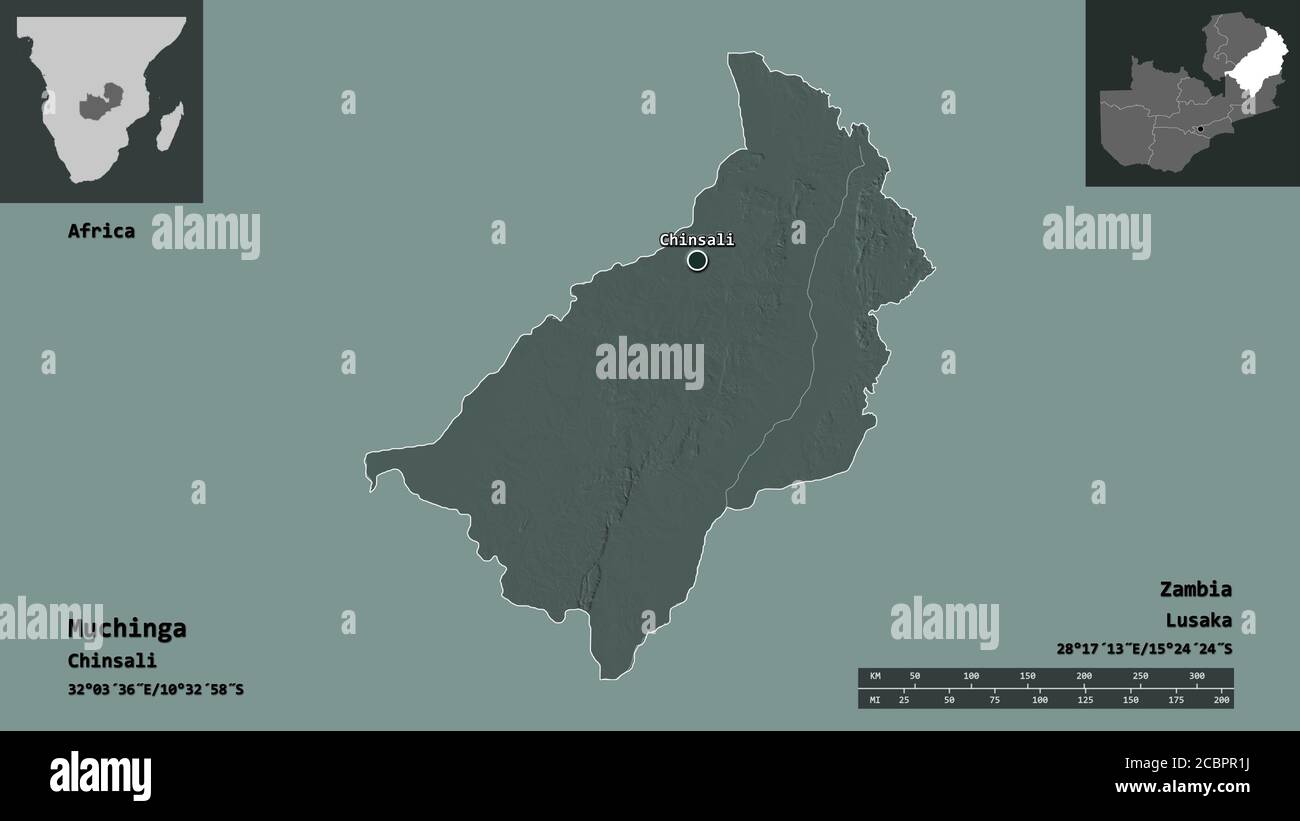 Shape of Muchinga, province of Zambia, and its capital. Distance scale ...