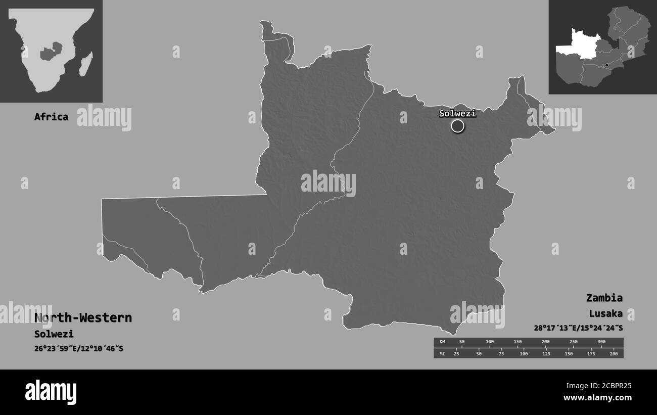 Shape of North-Western, province of Zambia, and its capital. Distance ...