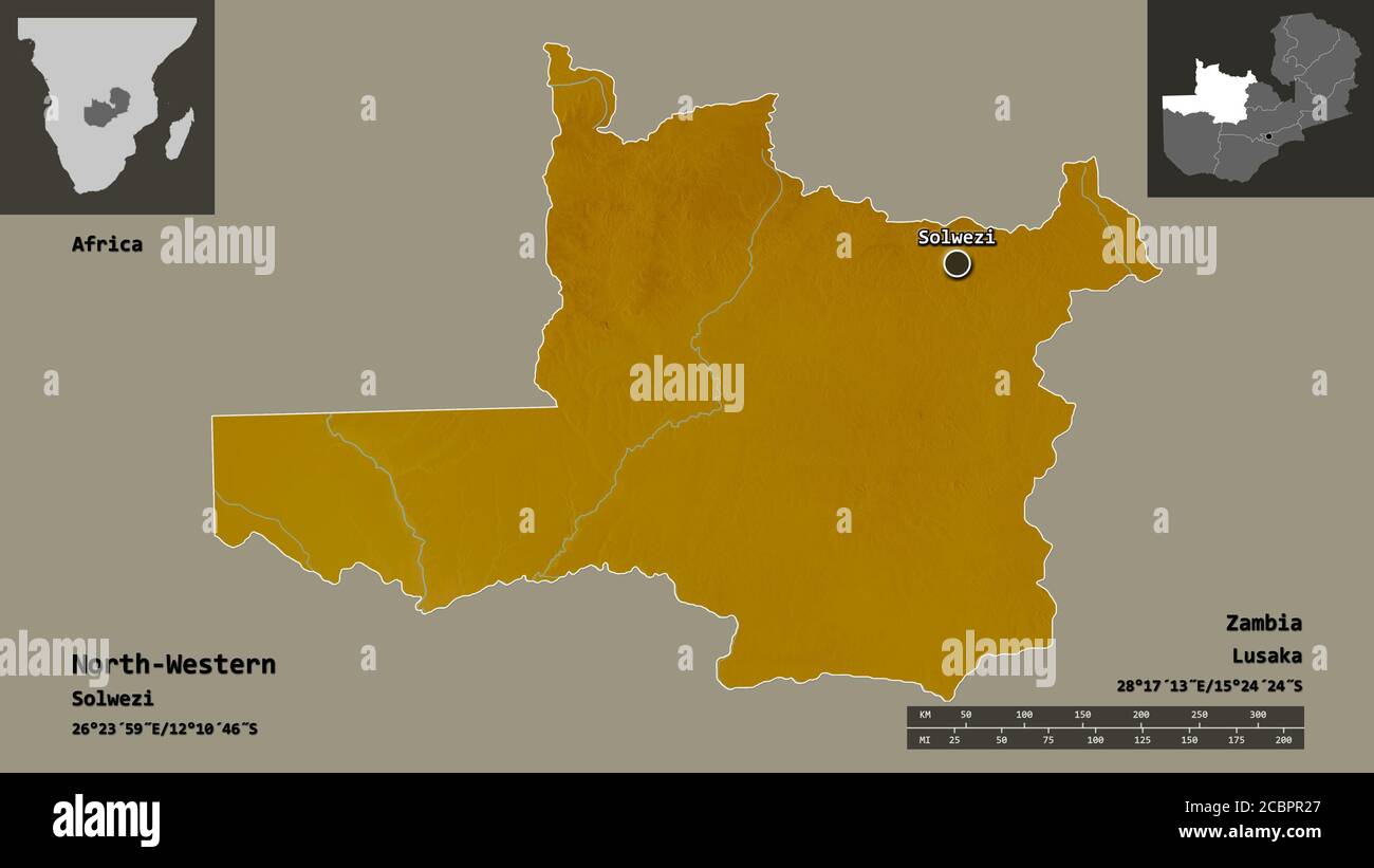 Shape of North-Western, province of Zambia, and its capital. Distance ...