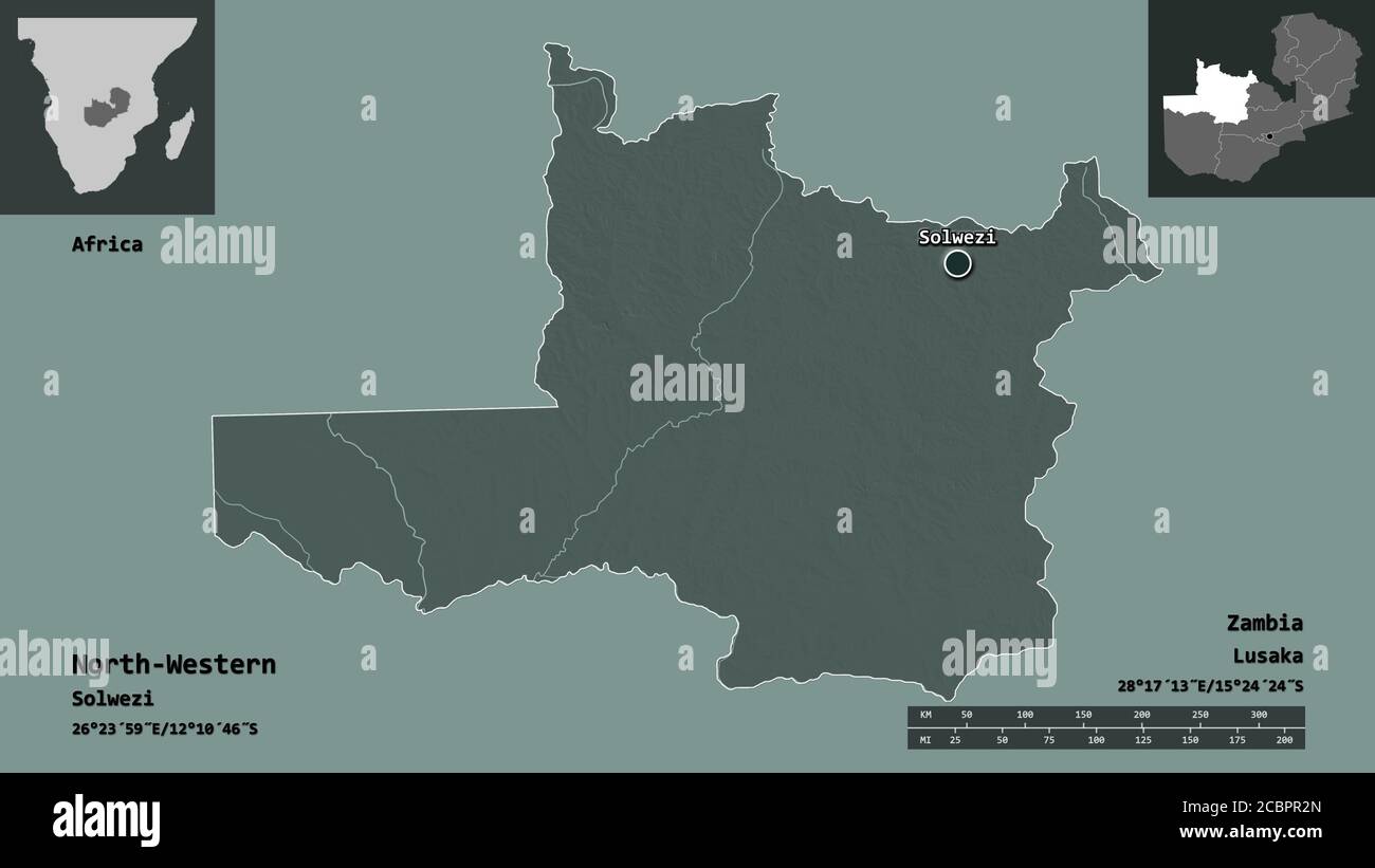 Shape of North-Western, province of Zambia, and its capital. Distance ...