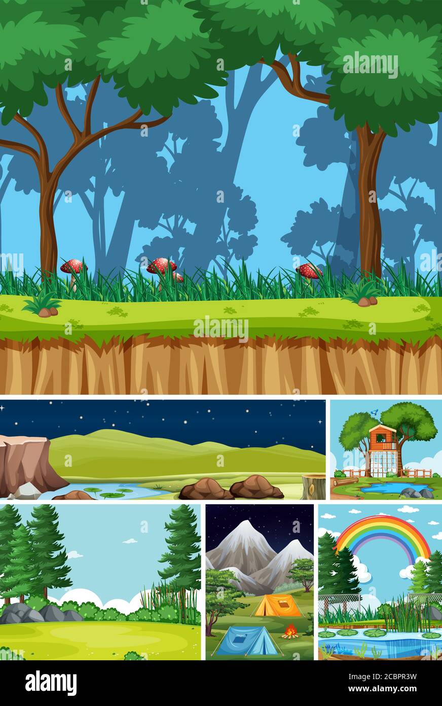 Six different scenes in nature setting cartoon style illustration Stock ...