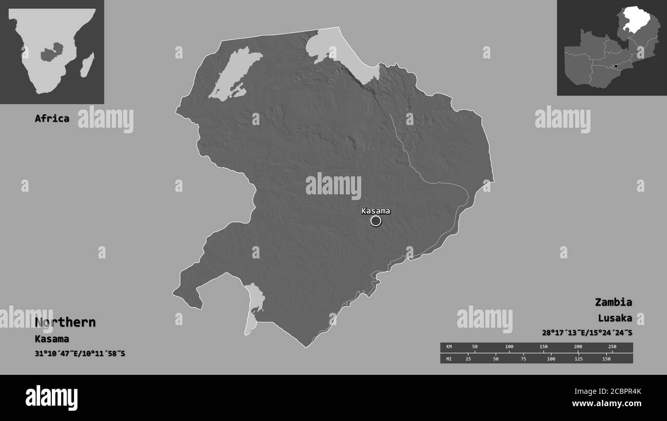 Shape of Northern, province of Zambia, and its capital. Distance scale ...