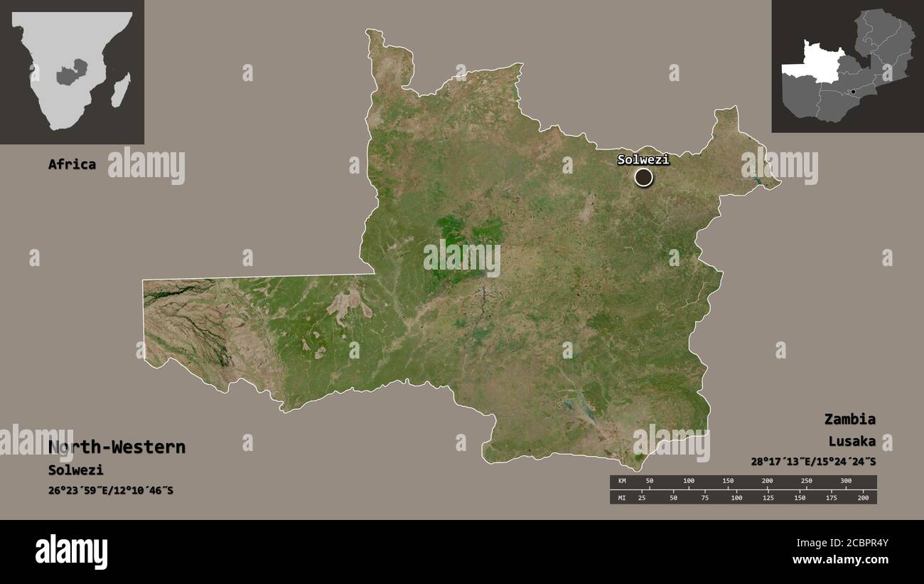 Shape of North-Western, province of Zambia, and its capital. Distance ...