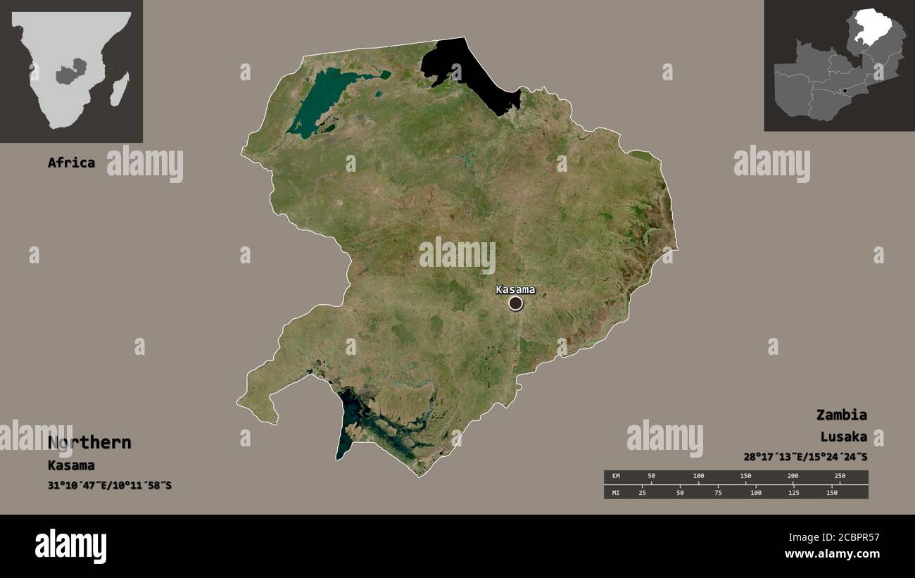 Shape of Northern, province of Zambia, and its capital. Distance scale ...