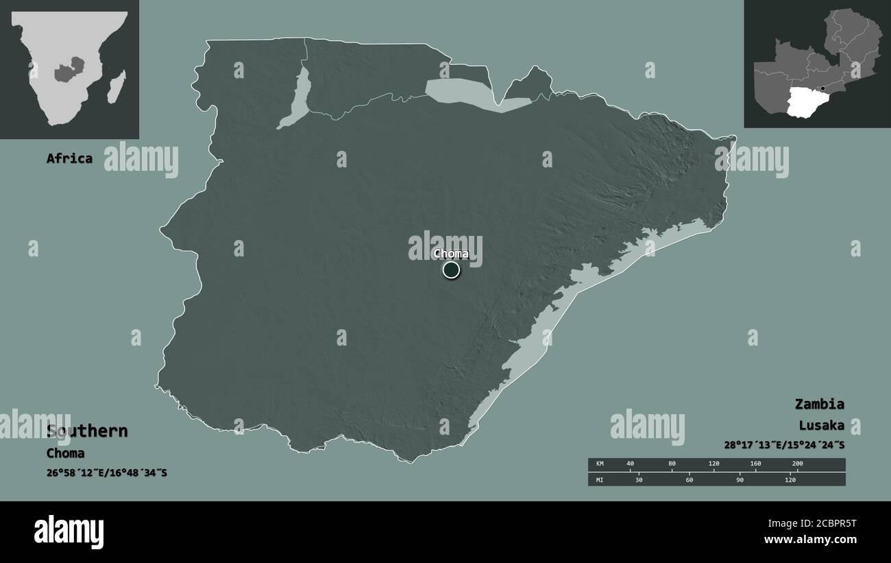 Shape of Southern, province of Zambia, and its capital. Distance scale ...