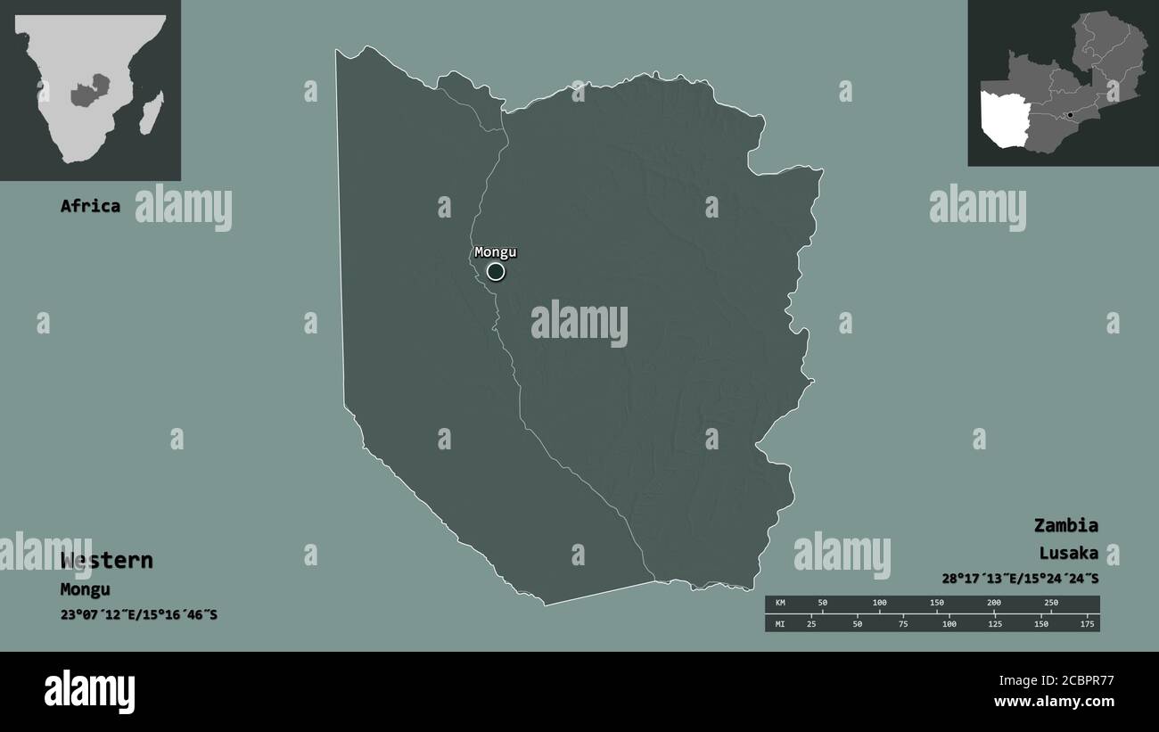 Shape of Western, province of Zambia, and its capital. Distance scale ...
