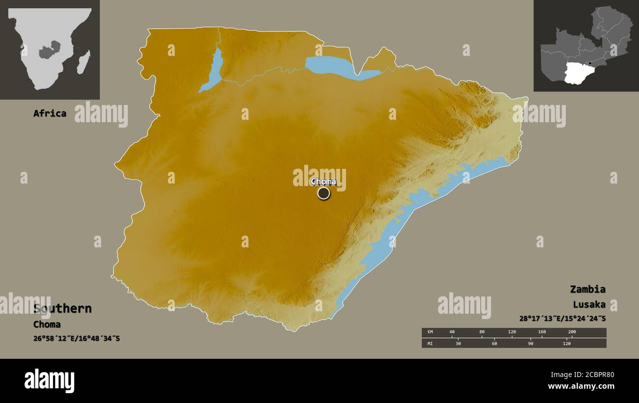 Shape of Southern, province of Zambia, and its capital. Distance scale ...