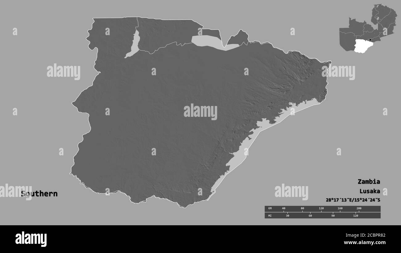 Shape of Southern, province of Zambia, with its capital isolated on ...
