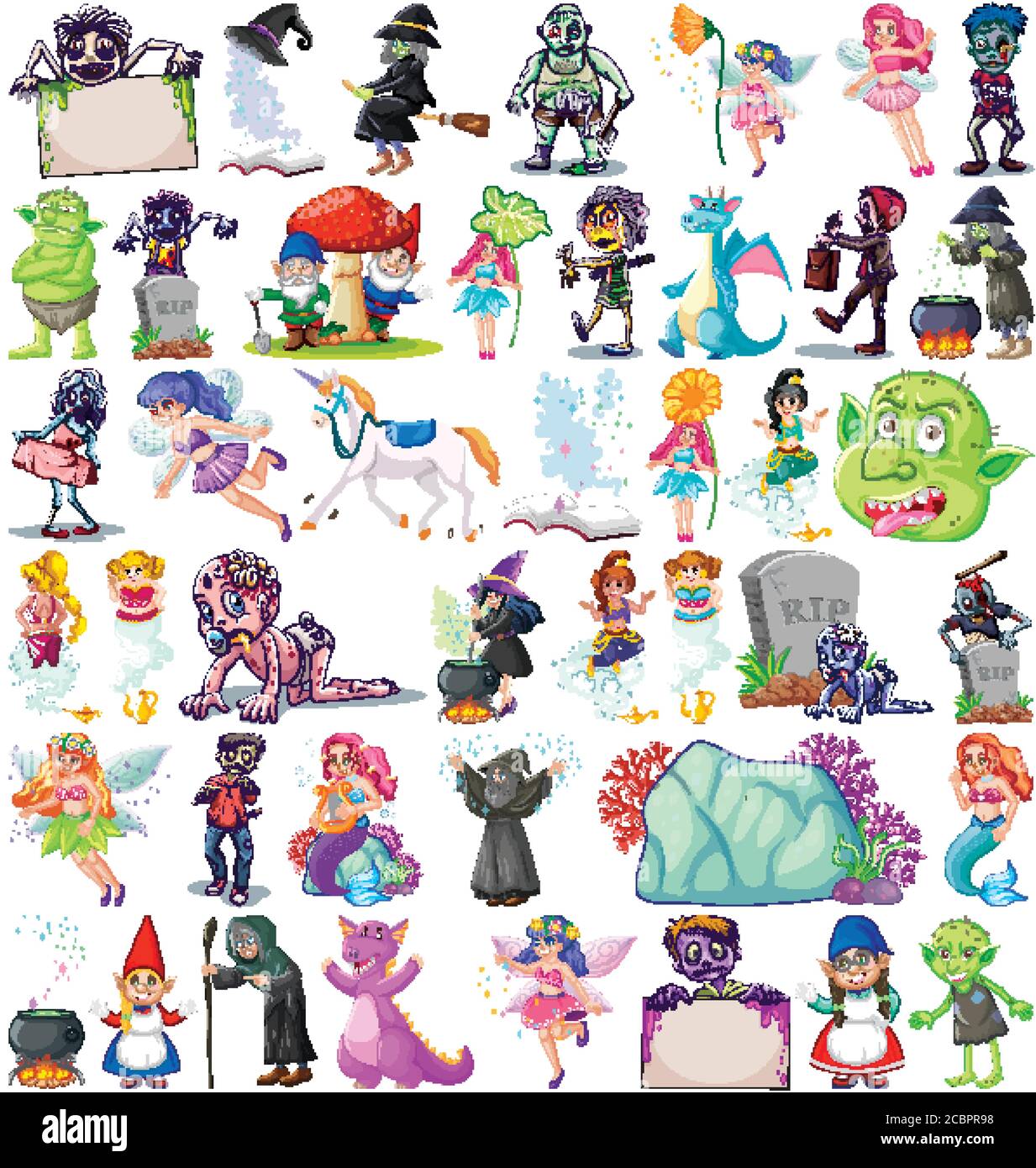 Set of fantasy cartoon characters and fantasy theme isolated on white ...
