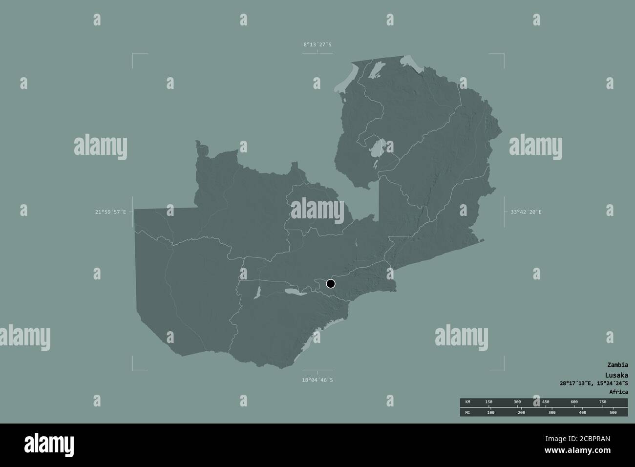 Area of Zambia isolated on a solid background in a georeferenced ...
