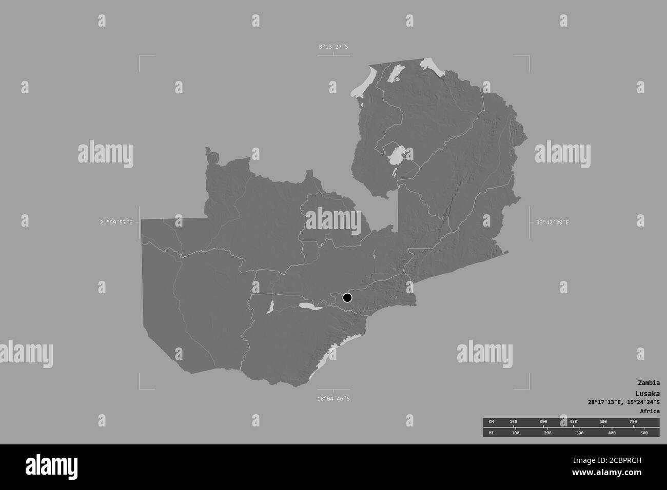 Area of Zambia isolated on a solid background in a georeferenced ...