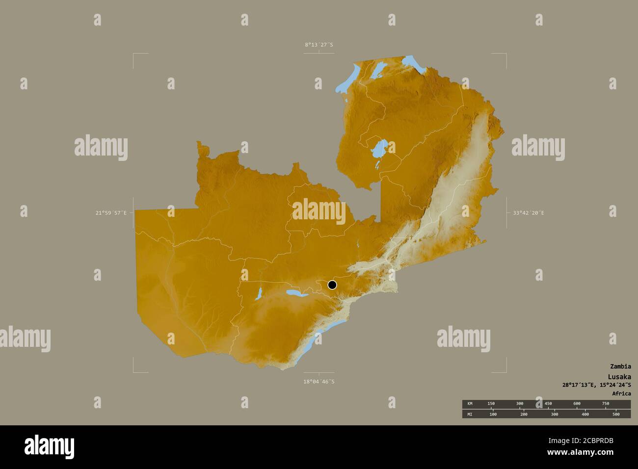Area of Zambia isolated on a solid background in a georeferenced ...