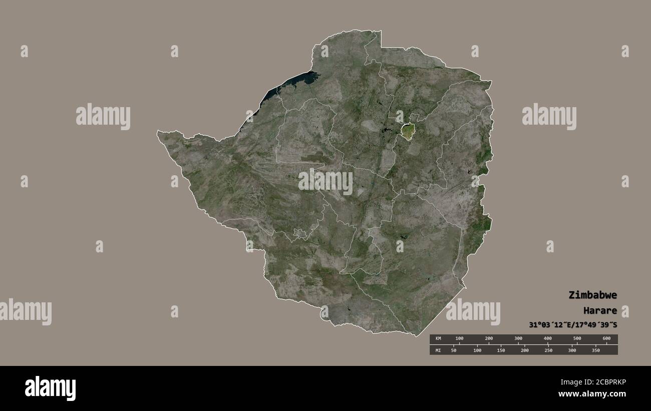Desaturated shape of Zimbabwe with its capital, main regional division ...