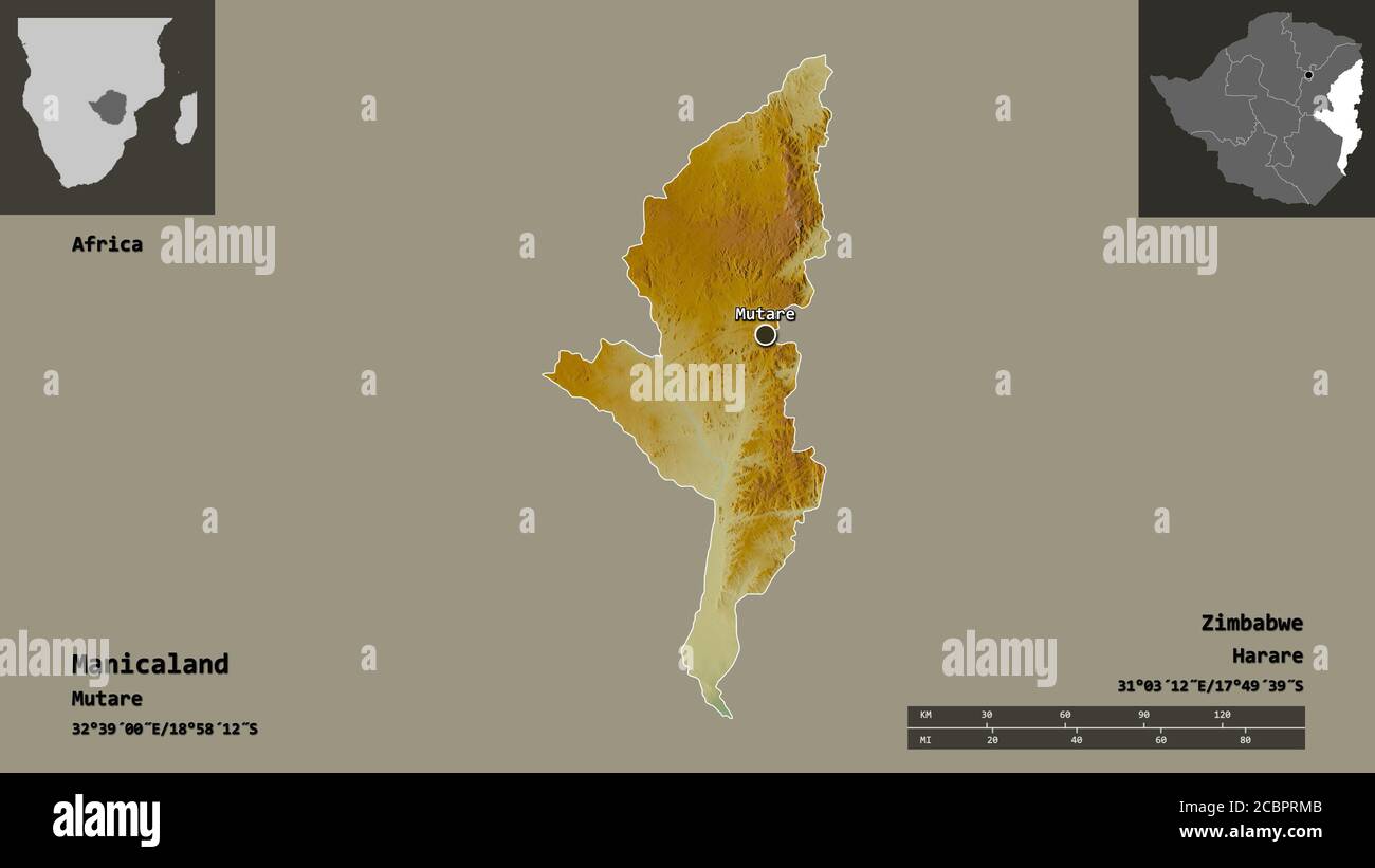 Shape of Manicaland, province of Zimbabwe, and its capital. Distance ...