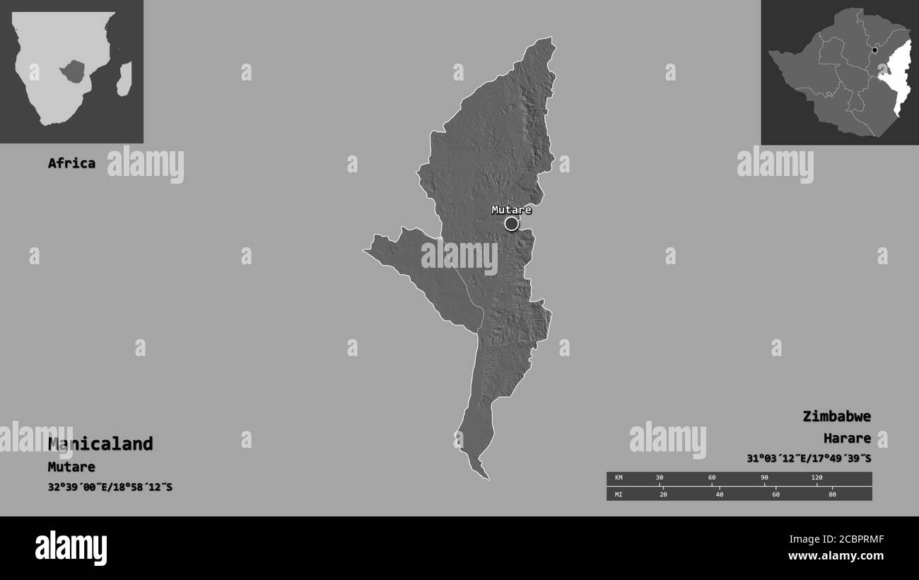 Shape of Manicaland, province of Zimbabwe, and its capital. Distance ...