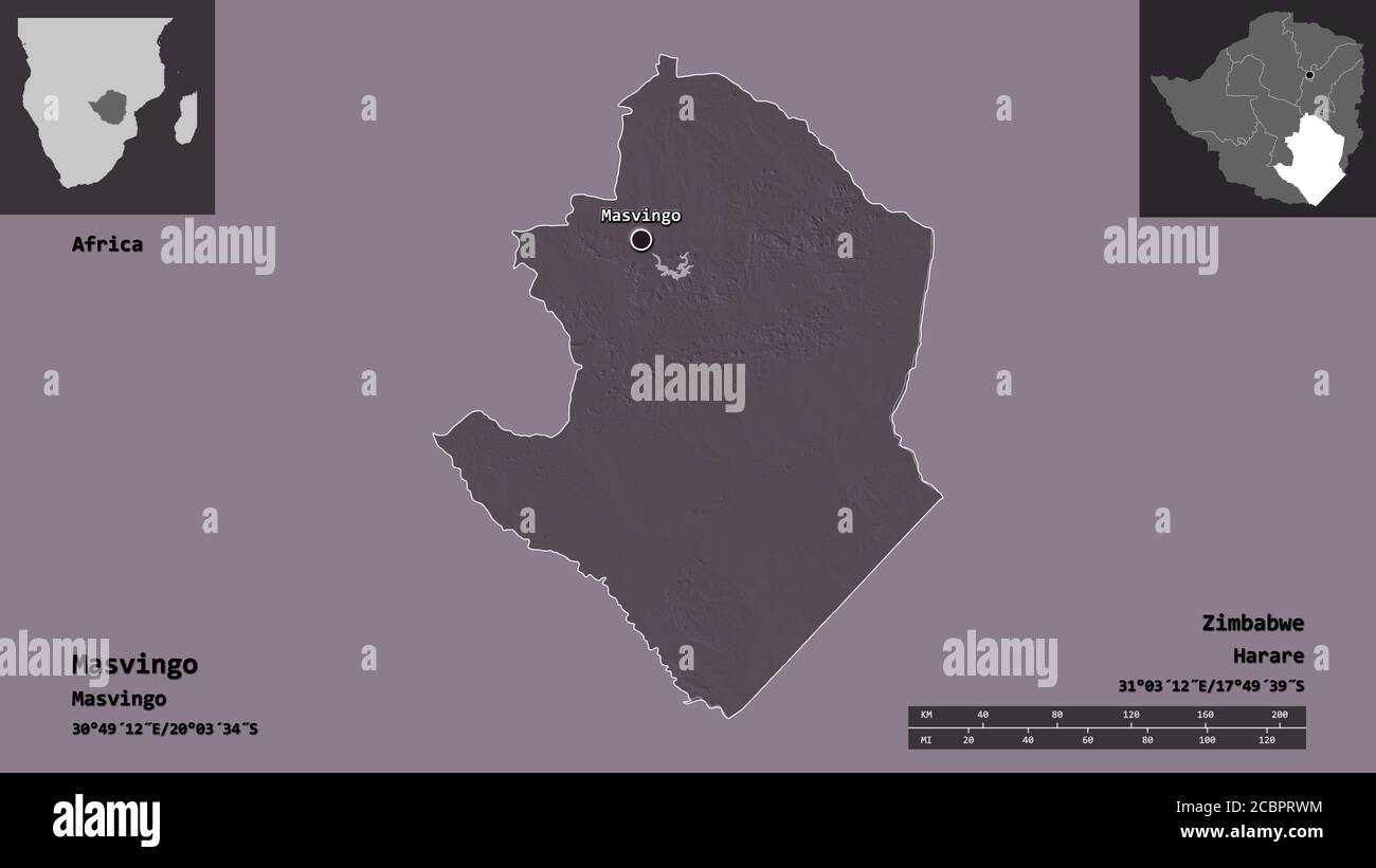 Shape of Masvingo, province of Zimbabwe, and its capital. Distance ...