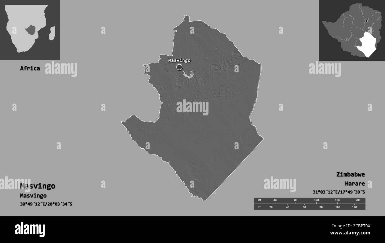 Shape of Masvingo, province of Zimbabwe, and its capital. Distance ...