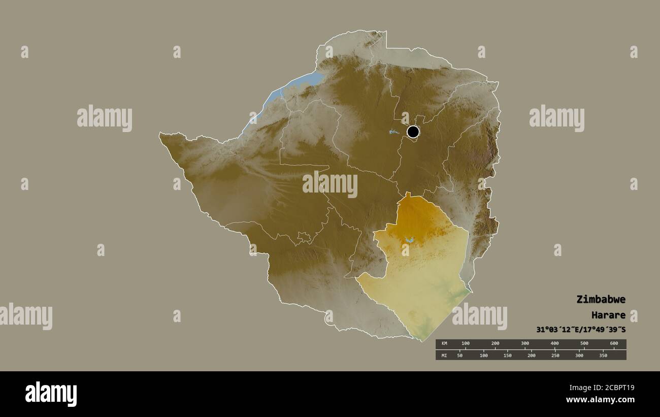 Desaturated shape of Zimbabwe with its capital, main regional division ...