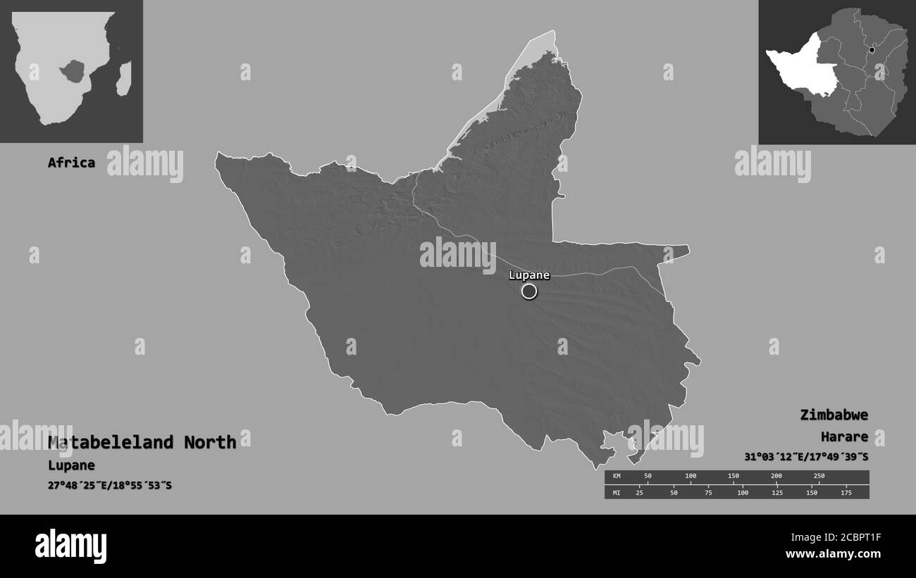 Shape of Matabeleland North, province of Zimbabwe, and its capital ...