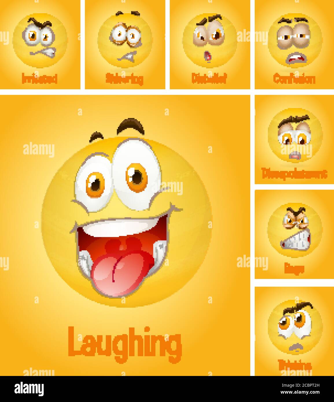 Set of different faces emoji with its description on yellow background ...