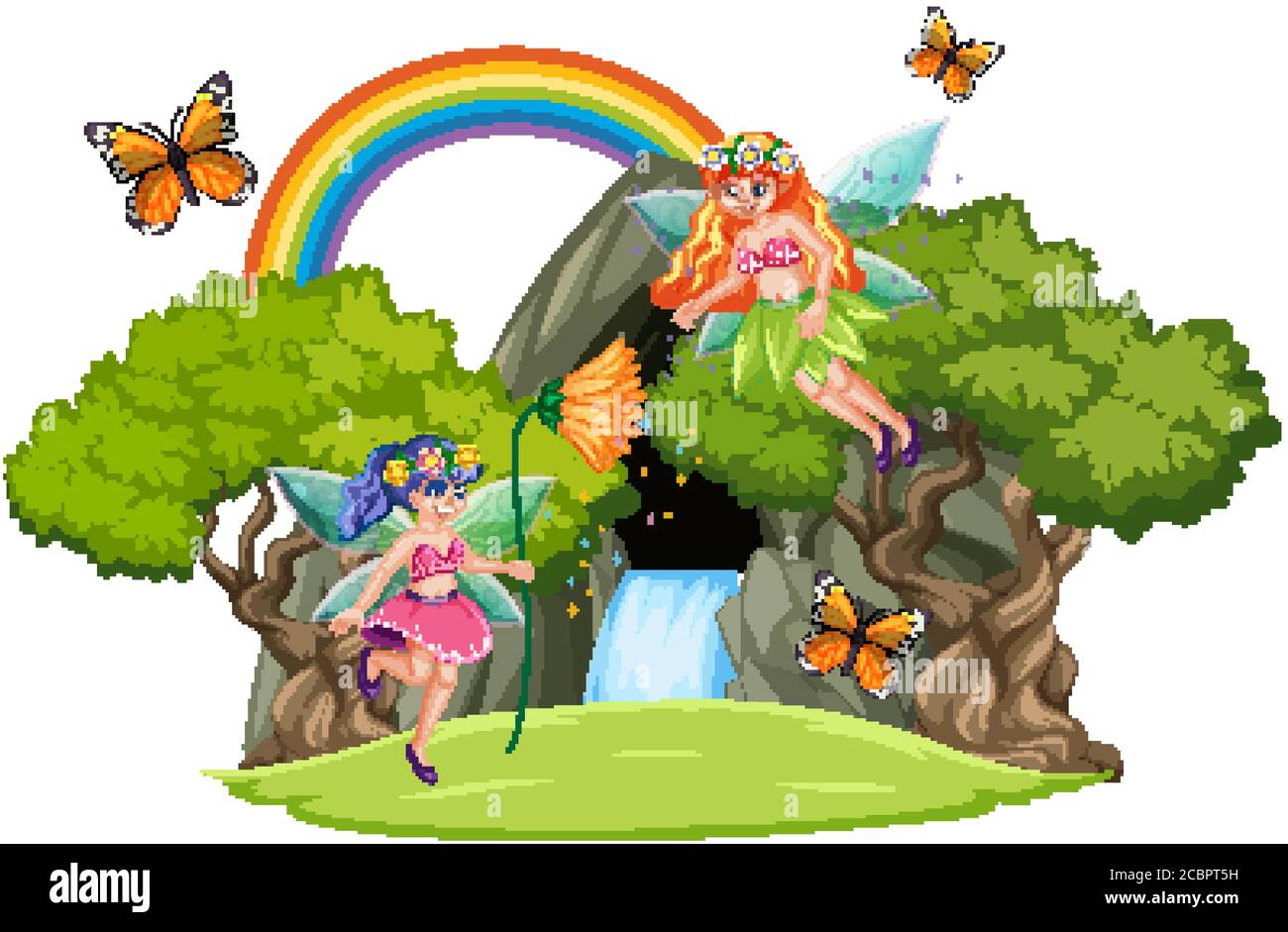 Fairy tales with waterfall cave and rainbow isolated on white ...