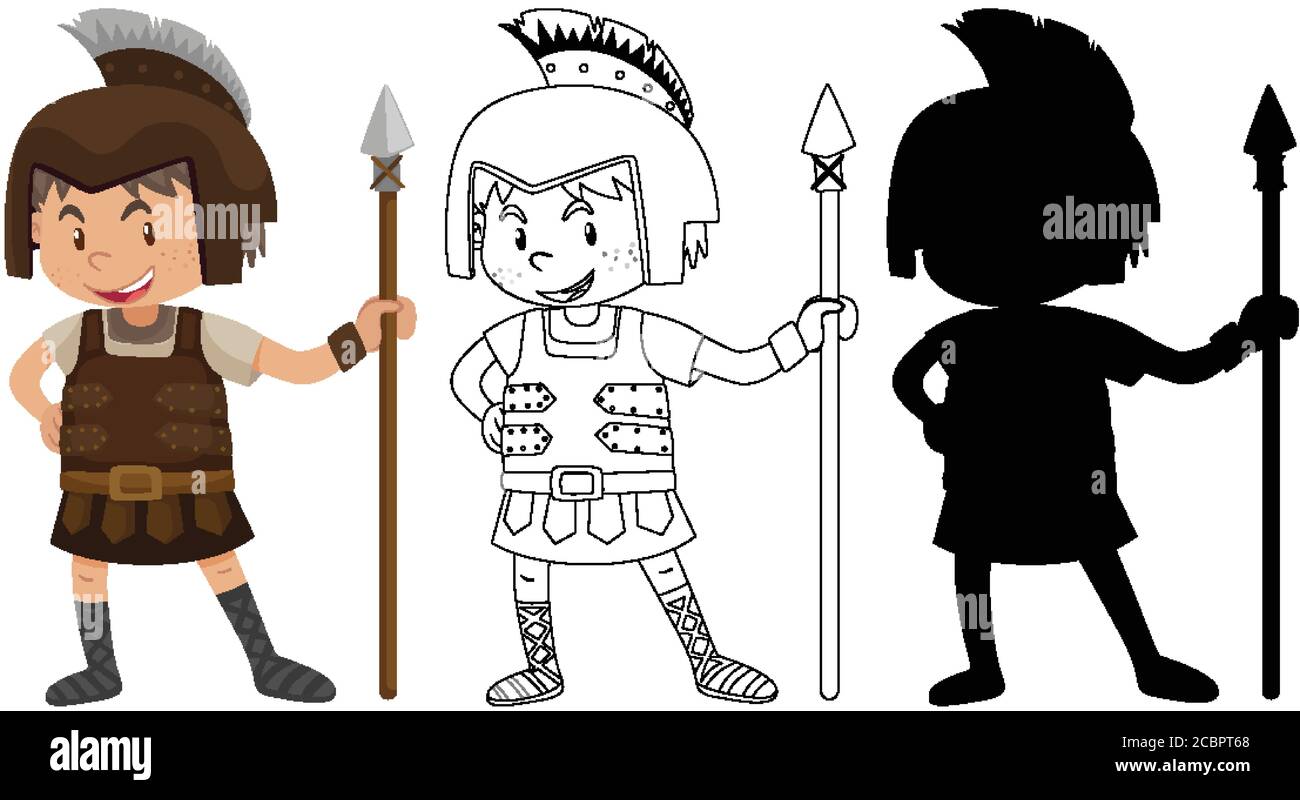 Boy wearing knight costume with its silhouette and outline illustration ...
