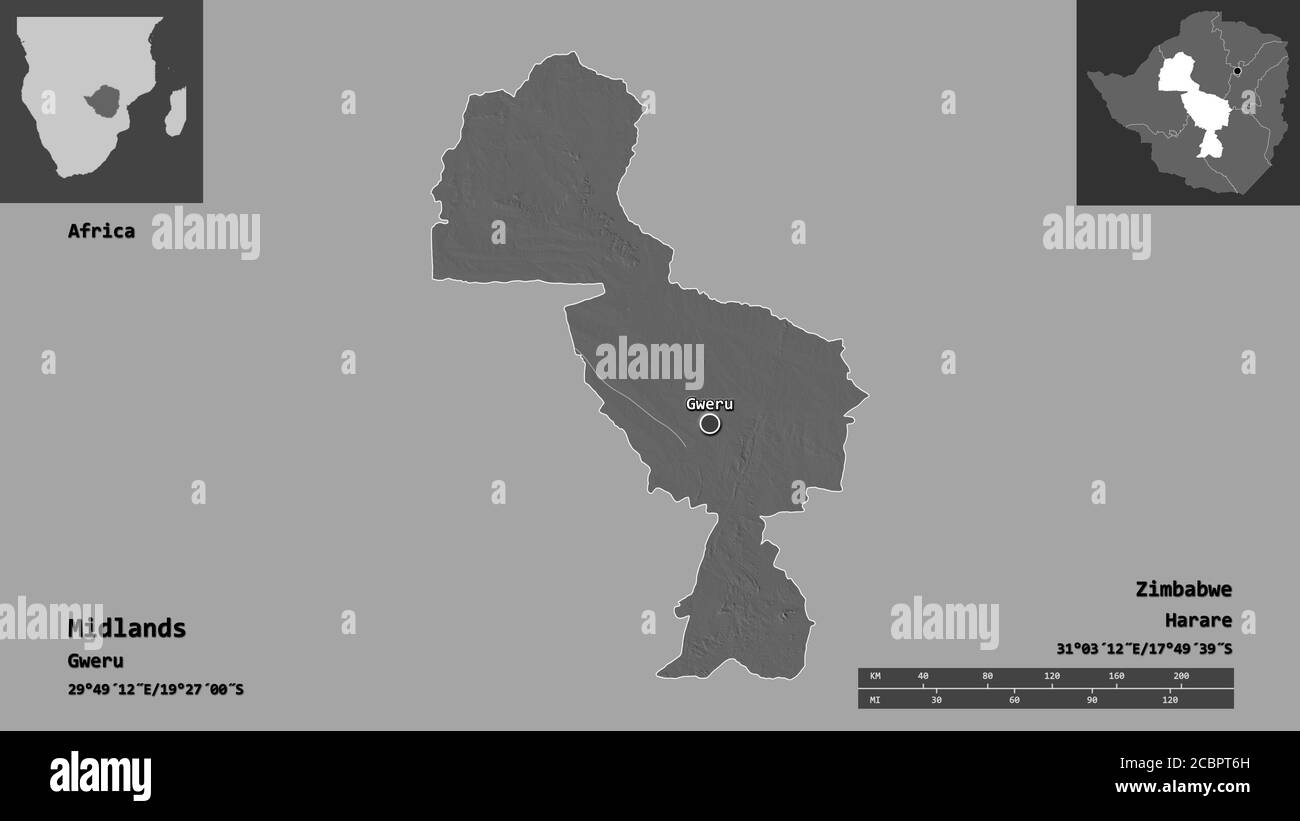 Shape of Midlands, province of Zimbabwe, and its capital. Distance ...