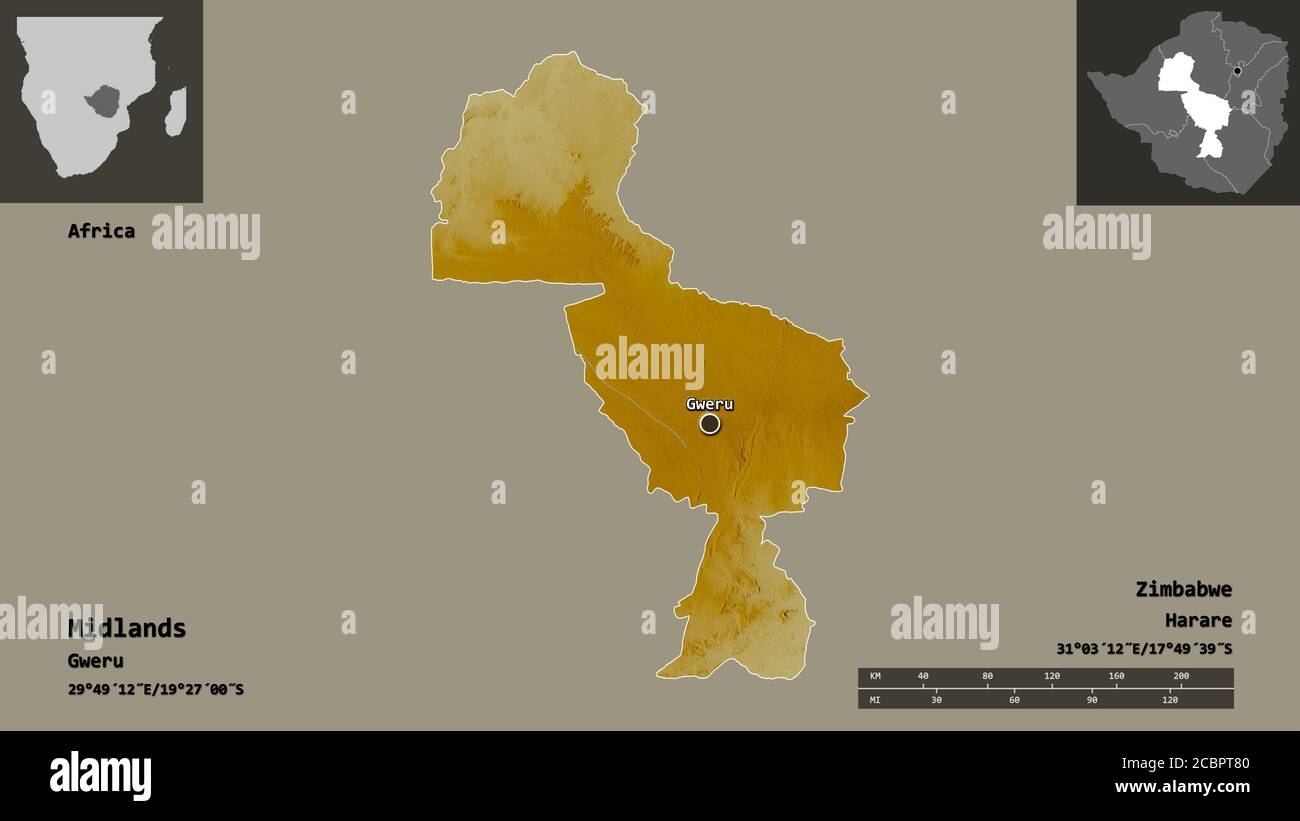 Shape of Midlands, province of Zimbabwe, and its capital. Distance ...