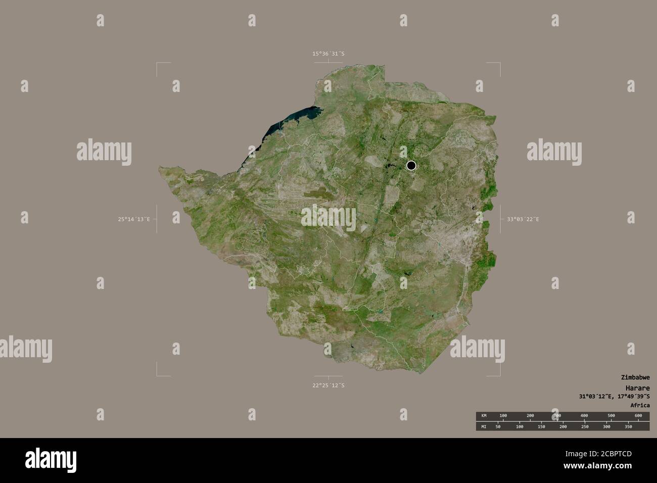 Area of Zimbabwe isolated on a solid background in a georeferenced ...