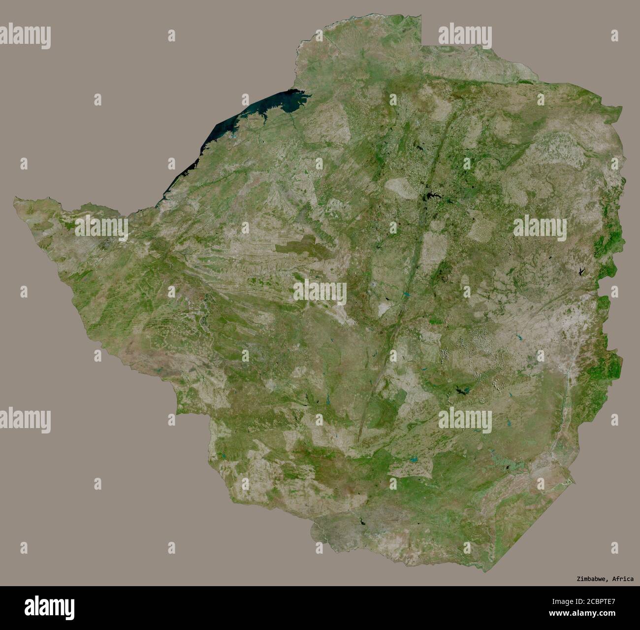 Shape of Zimbabwe with its capital isolated on a solid color background ...