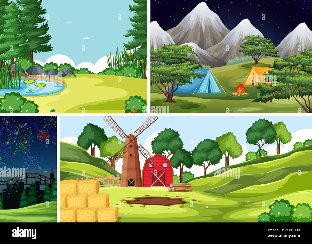 Four different scenes in nature setting cartoon style illustration ...