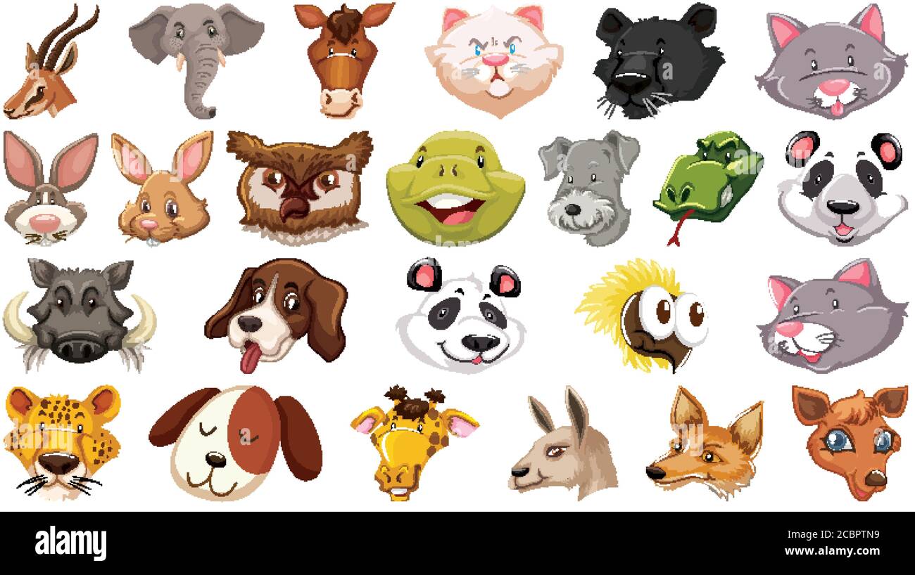 Set of different cute cartoon animals head huge isolated on white ...