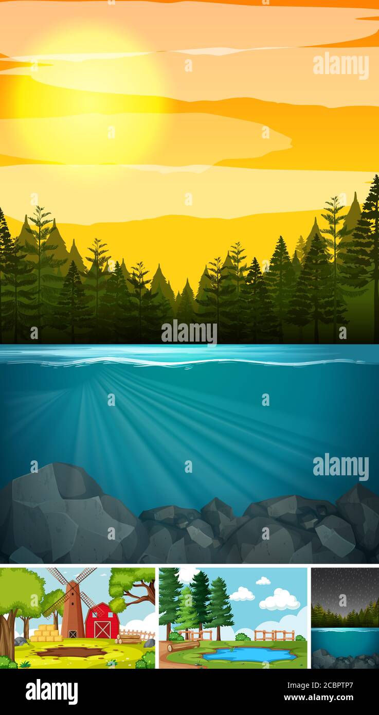 Four different scenes in nature setting cartoon style illustration ...