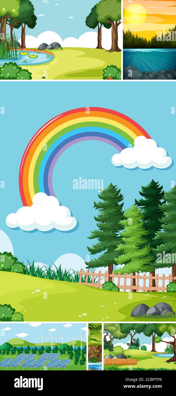 Six different scenes in nature setting cartoon style illustration Stock ...