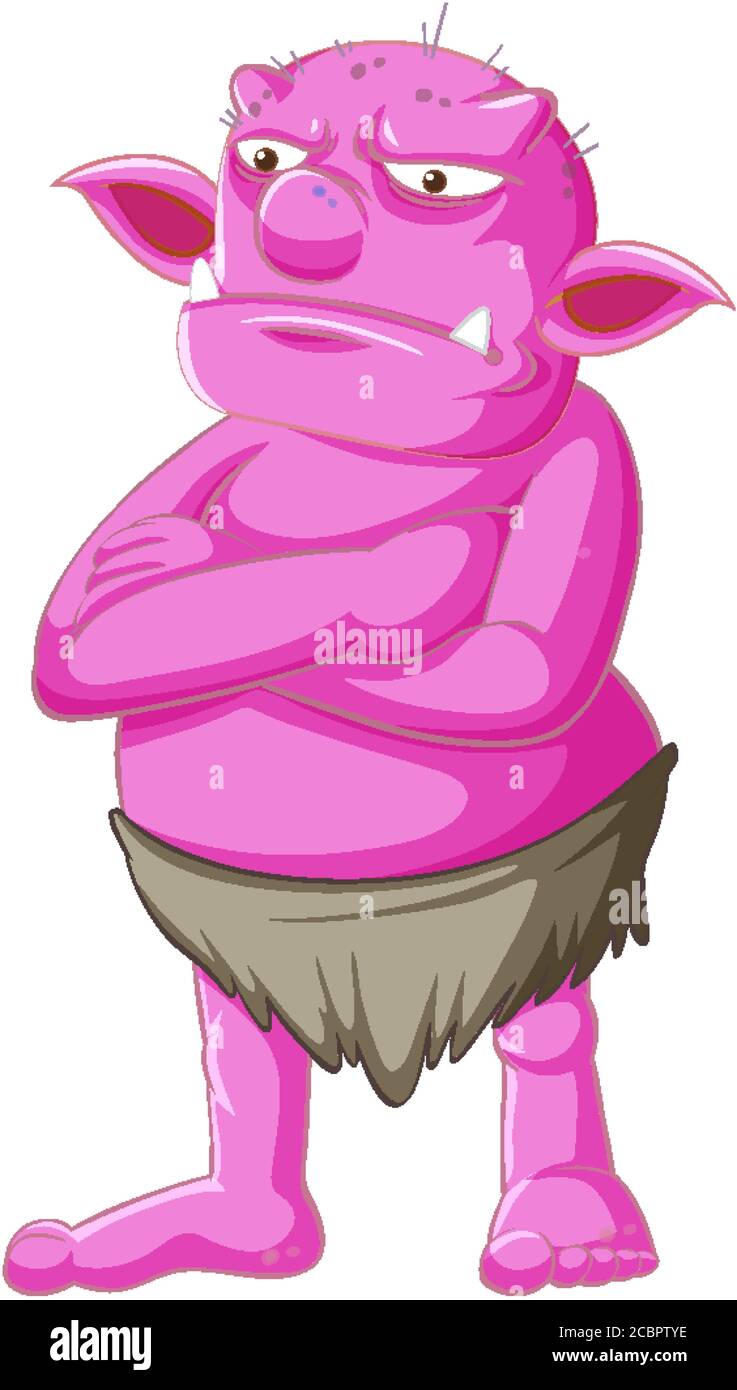Pink goblin or troll standing pose with anger face in cartoon character ...