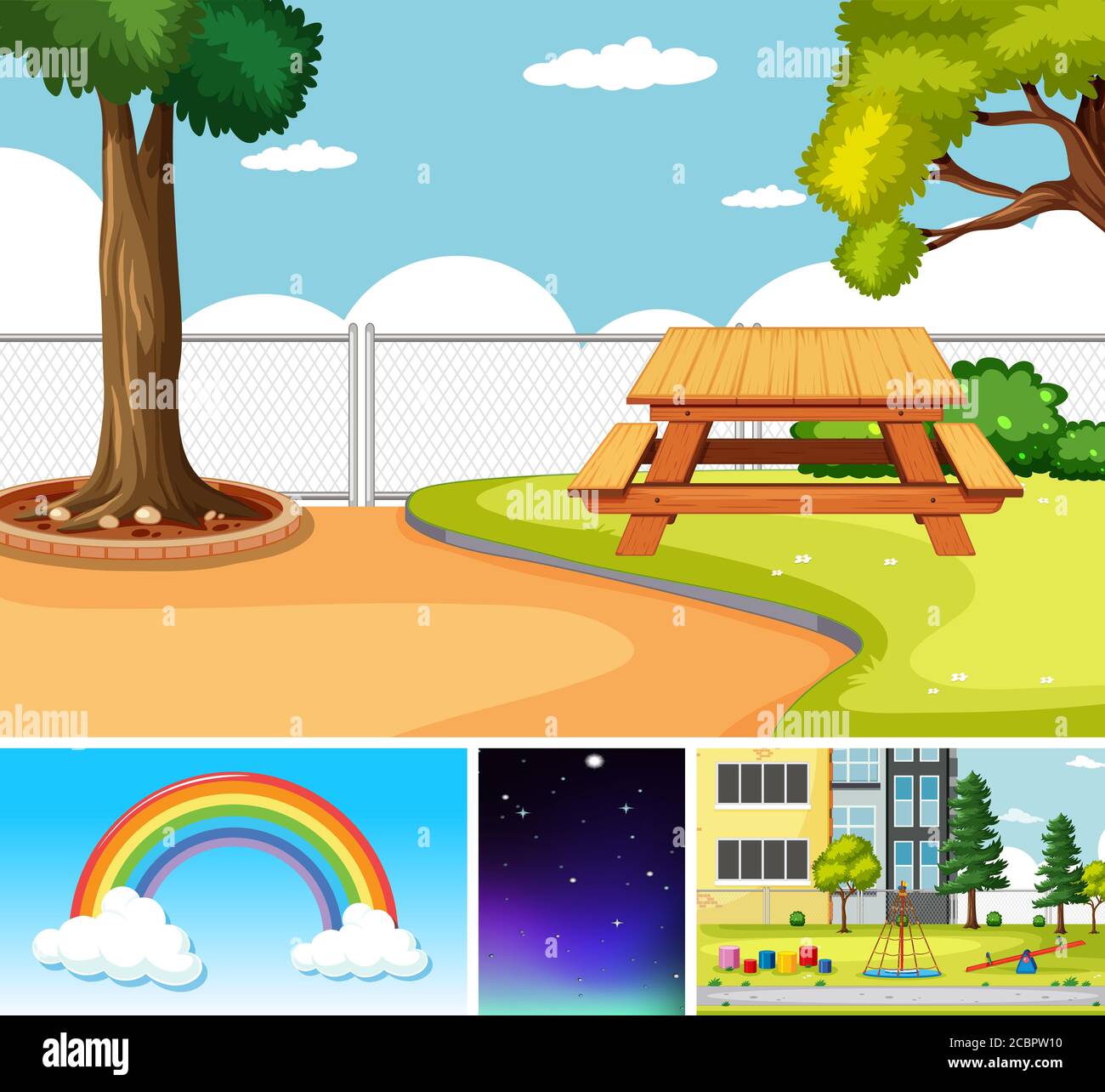 Four different scenes in nature setting cartoon style illustration ...
